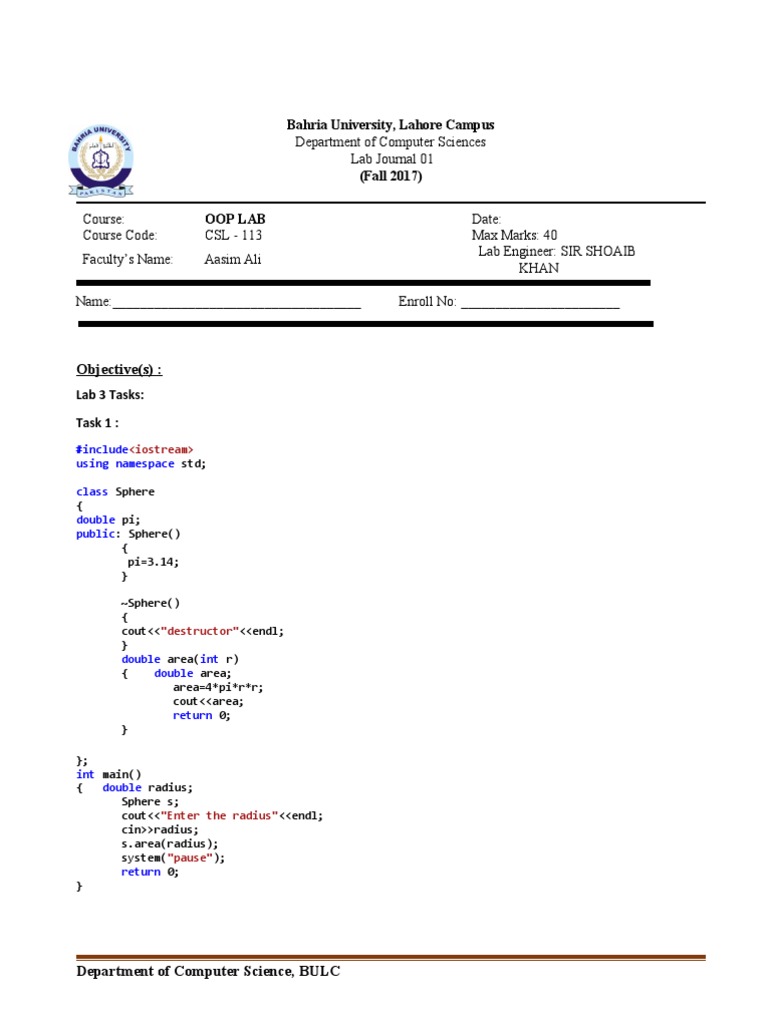 Department of Computer Sciences Lab Journal 01: Bahria University, Lahore Campus | PDF ...