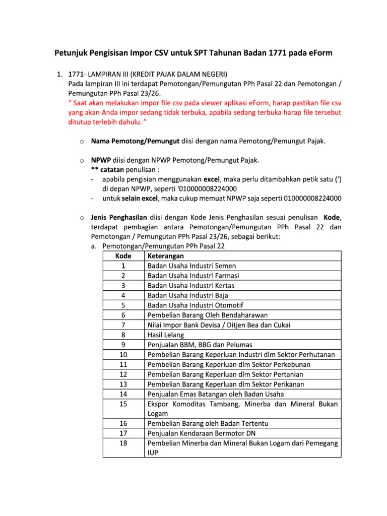 Petunjuk Pengisisan Impor CSV SPT PPH 1771 | PDF