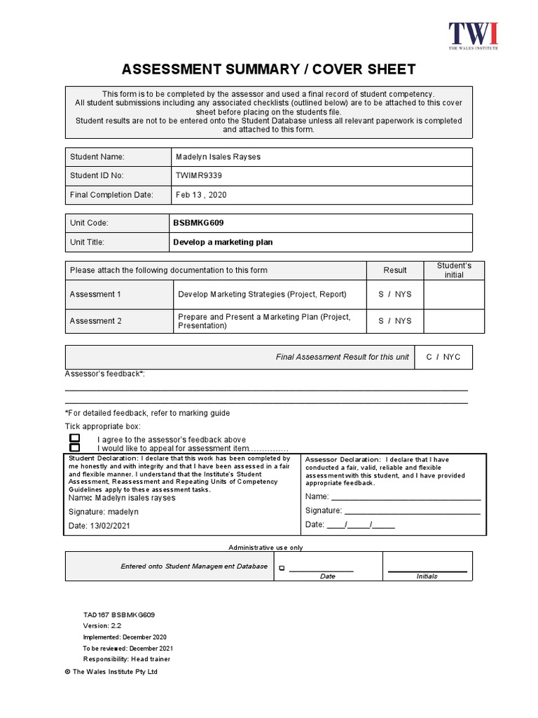 Assessment Summary / Cover Sheet: BSBMKG609 Develop A Marketing Plan ...