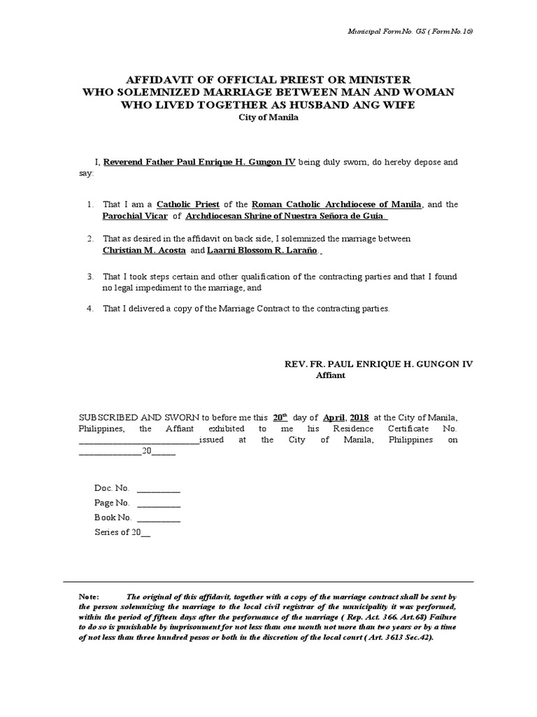 Affidavit of Marriage Between A Man and A Woman Who Lived Together As ...