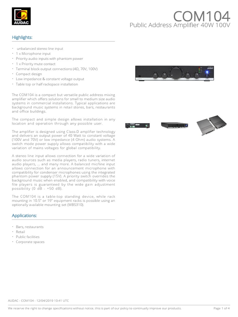 ProductSheet AUDAC Com104 | PDF | Amplifier | Microphone