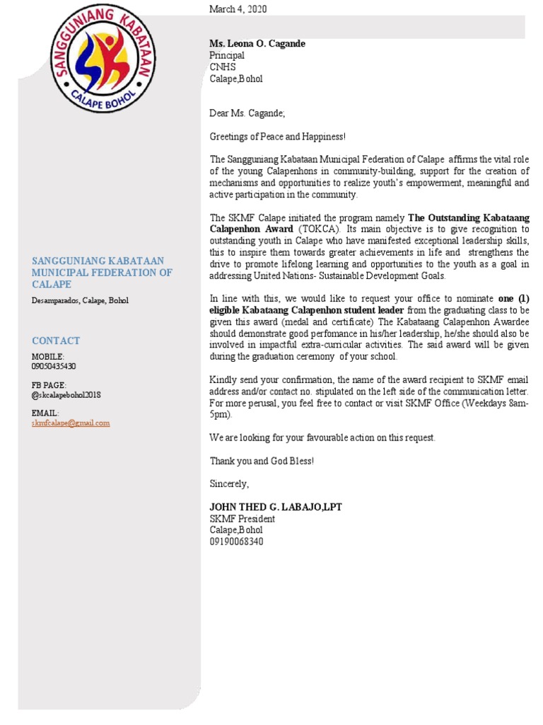 Ms. Leona O. Cagande: Sangguniang Kabataan Municipal Federation of ...