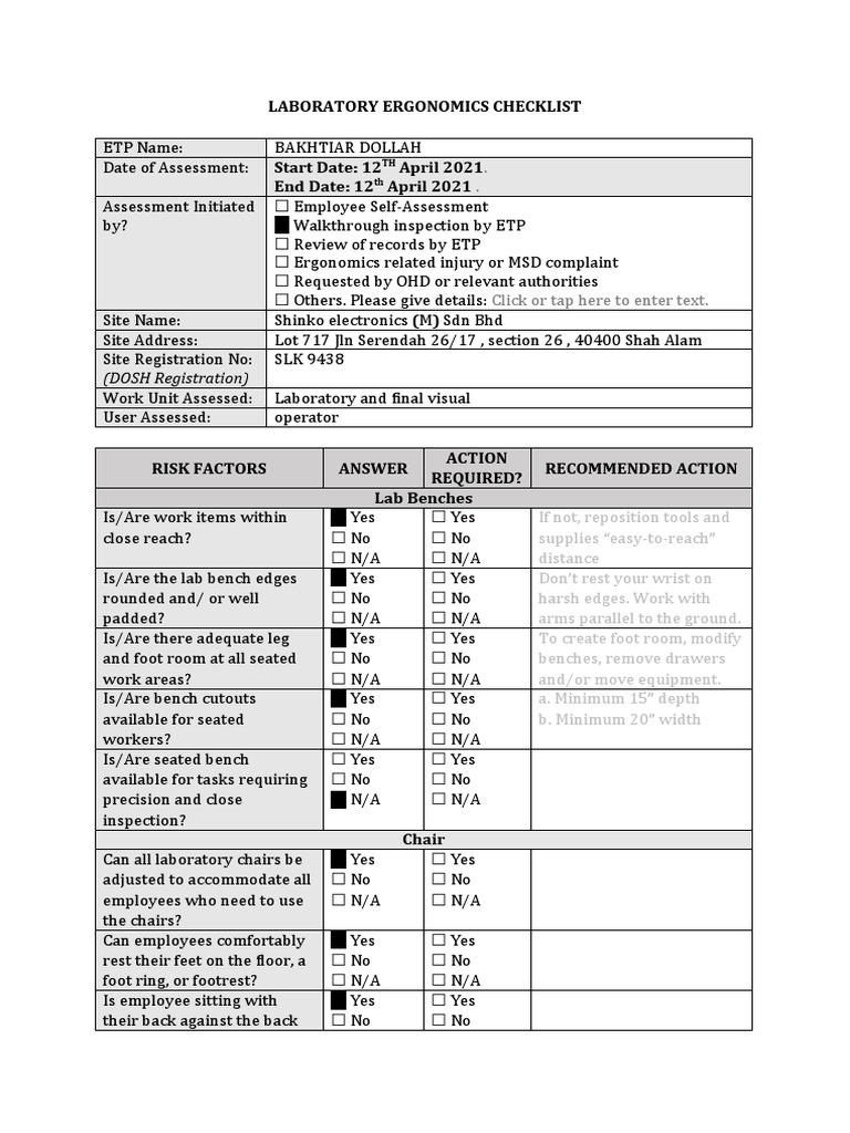 Laboratory Ergonomics Checklist: (DOSH Registration) | PDF | Chair