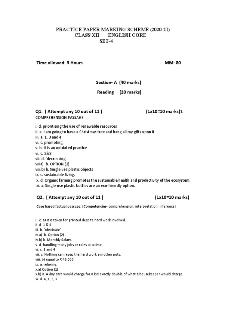 Practice Paper Marking Scheme: An Insightful Guide for Class 12 English ...
