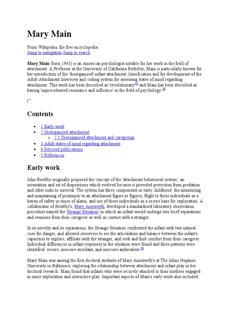 Mary Main: Jump To Navigation Jump To Search | PDF | Attachment Theory ...