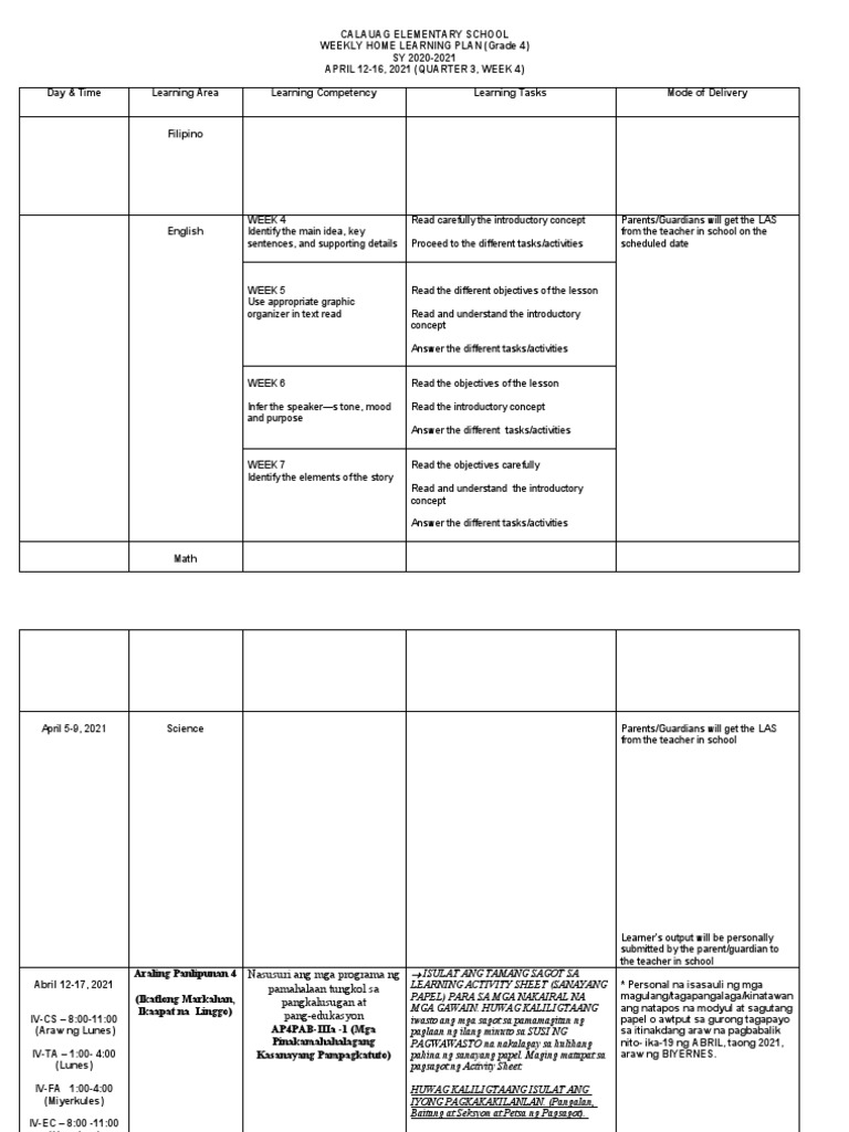 INCOMPLETE Home Learning Plan Week 4 | PDF