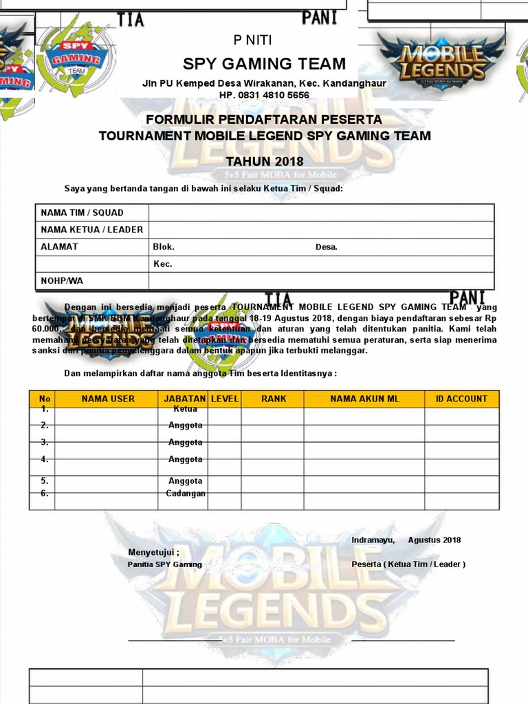 Pendaftaran Tournament Mobile Legend 2018 | PDF