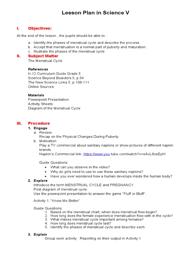 Lesson Plan in Science V | PDF | Menstrual Cycle | Menstruation