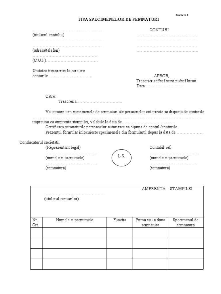 Fisa Specimen Semnaturi - Trezorerie | PDF