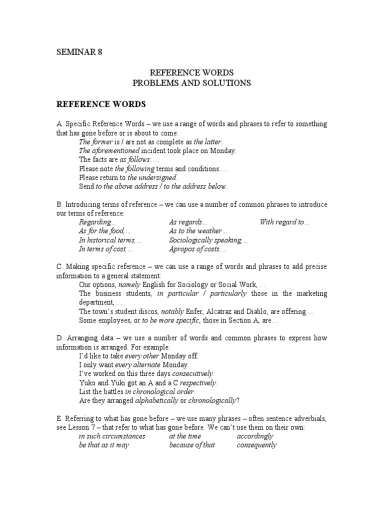 Reference Words and Problem Solutions | PDF | System | Phrase