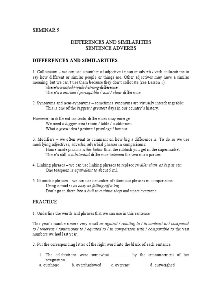 Seminar 5 Differences and Similarities Sentence Adverbs | PDF | Adverb ...