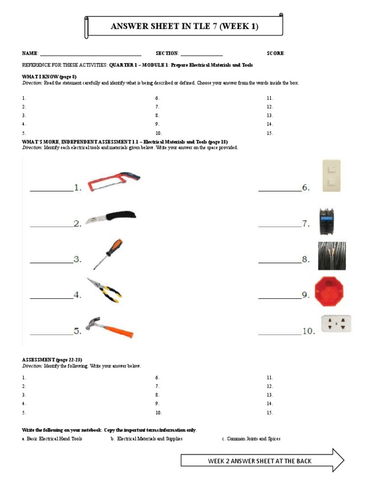 Answer Sheet in Tle 7 (Week 1) | PDF | Volt | Quantity
