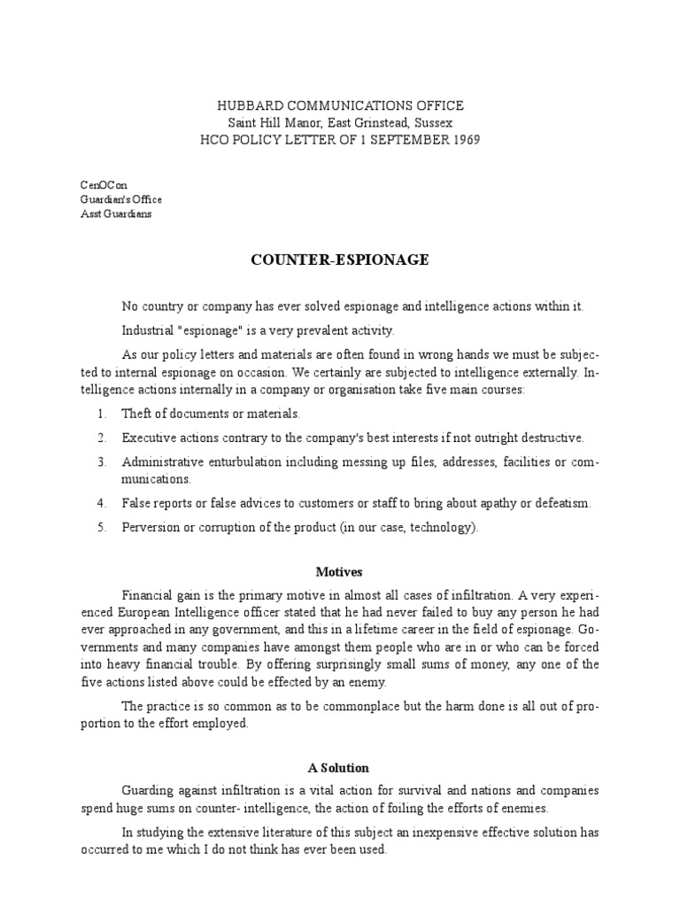 HCOPL Counter Espionage | PDF | Counterintelligence | Espionage