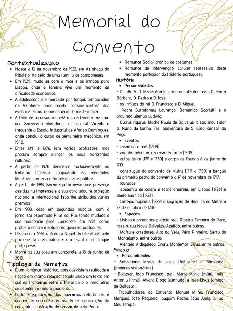Memorial Do Convento - Resumos | Download grátis PDF | Religião e ...