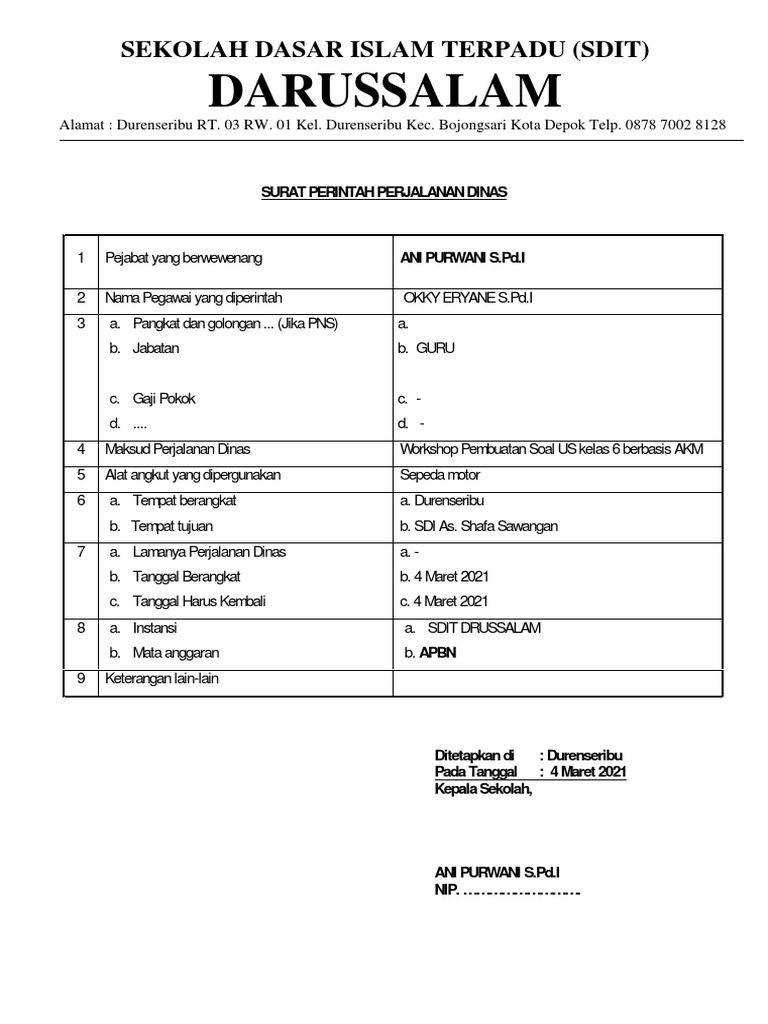Format SPPD Surat Perintah Perjalanan Dinas Sekolah | PDF