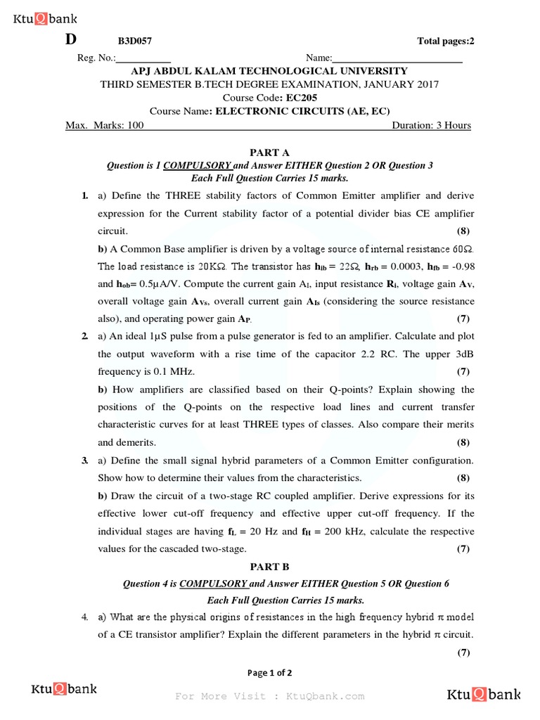 KTU EC205 ELECTRONIC CIRCUITS (AE, EC) - MAin - Jan - 2017 - Ktu Qbank-Merged | Download Free ...