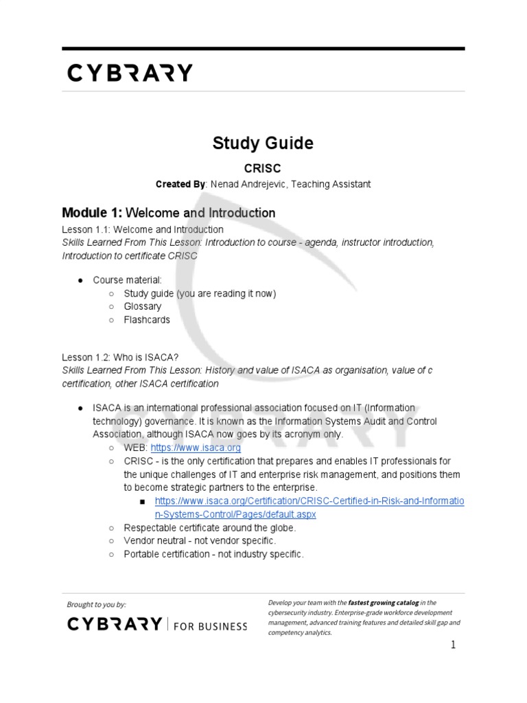 CRISC Study Guide 1 1 | PDF | Information Security | Risk Management