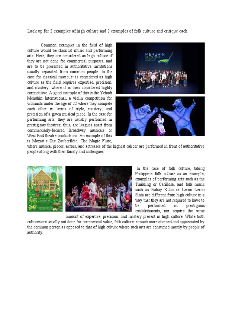 Look Up For 2 Examples of High Culture and 2 Examples of Folk Culture ...