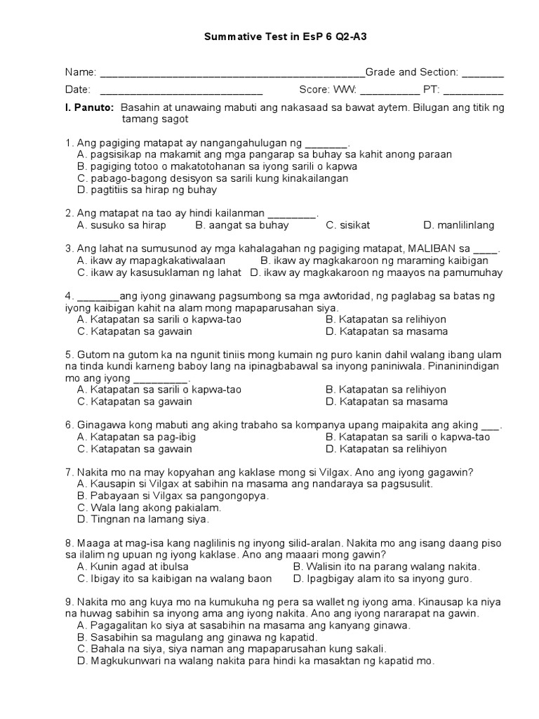 EsP 6 Q2 Assessment 3 | PDF