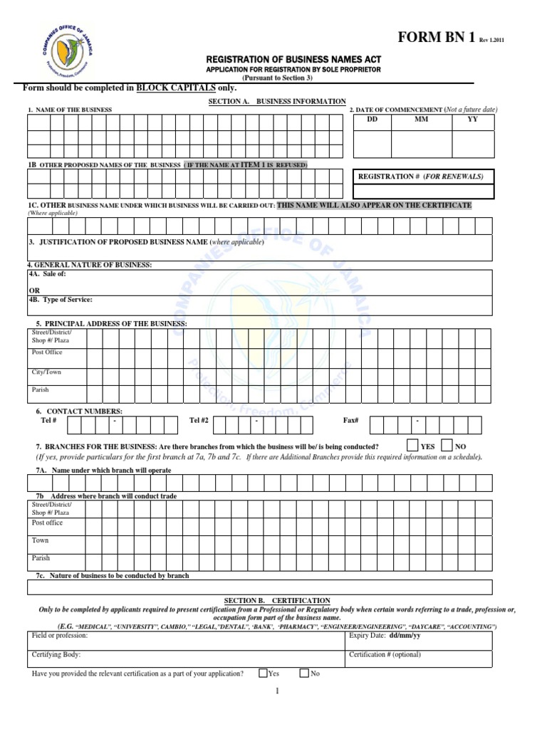 Form BN 1: Registration of Business Names Act | PDF | Justice | Crime & Violence