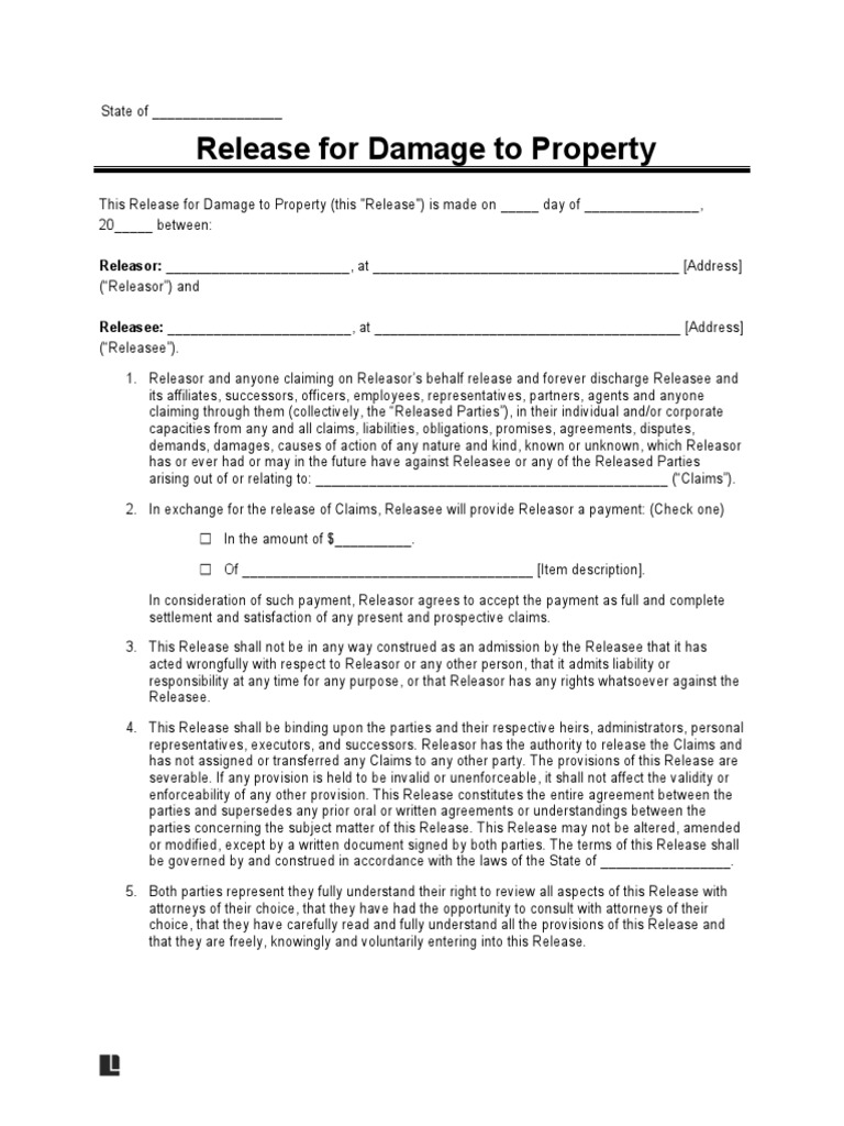 Release For Damage To Property: Releasor: - , at - (Address) | PDF ...