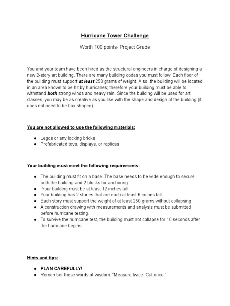 Hurricane Tower Challenge Project Guide | PDF | Tropical Cyclones | Weather