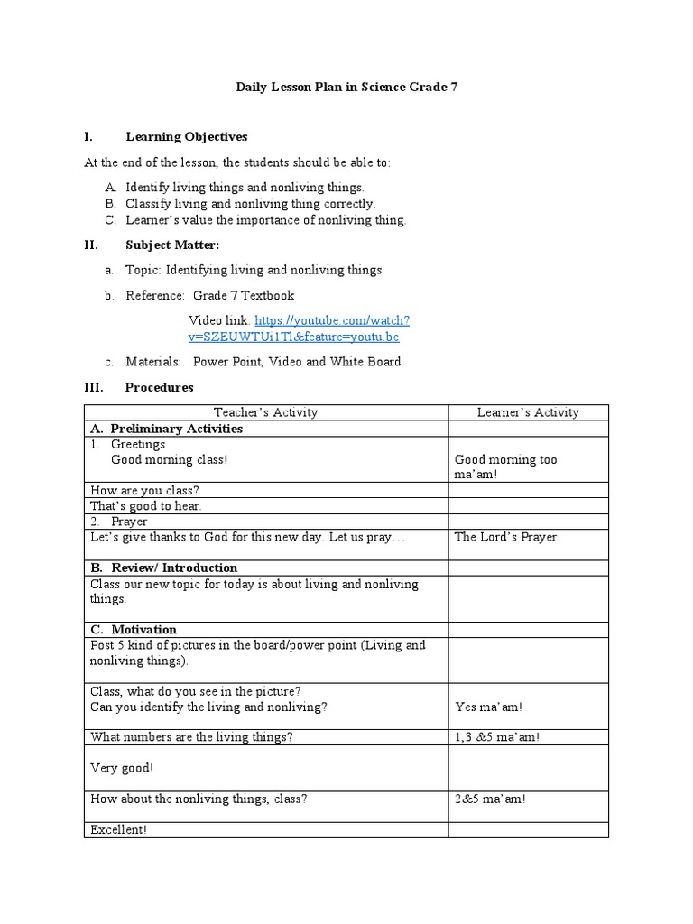 Grade 7 Science Lesson Plan: Living vs Nonliving | PDF | Life | Metabolism