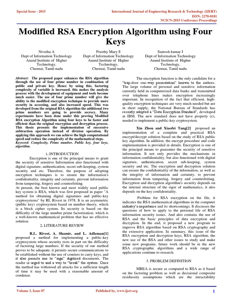 Modified Rsa Encryption Algorithm Using Four Keys IJERTCONV3IS07021 ... Modified Rsa Encryption Algorithm Using Four Keys IJERTCONV3IS07021 ...