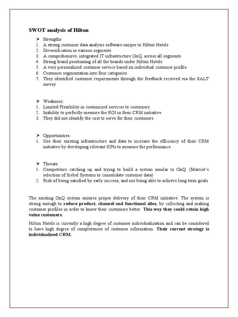 Hilton SWOT Analysis and OnQ System Insights | PDF | Customer ...