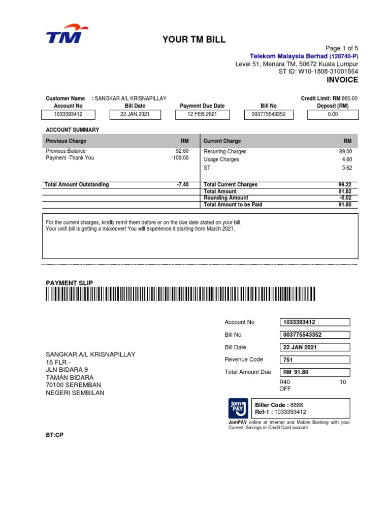 Your TM Bill: Page 1 of 5 Level 51, Menara TM, 50672 Kuala Lumpur ST ID ...