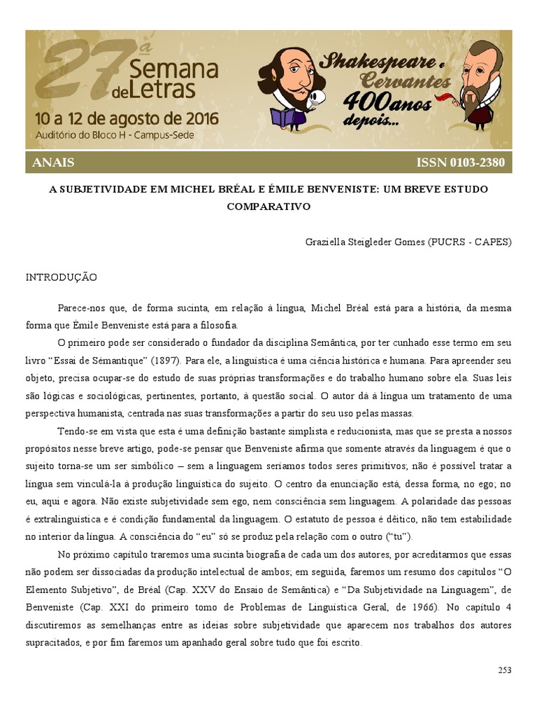 A Subjetividade em Michel Bréal e Émile Benveniste Um Breve Estudo ...