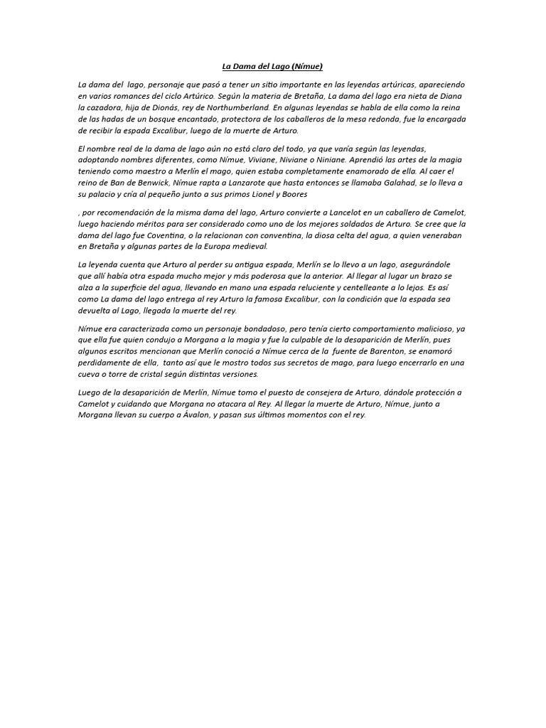 La Dama del Lago Nímue protectora de Arturo | PDF | Folclore anglo ...