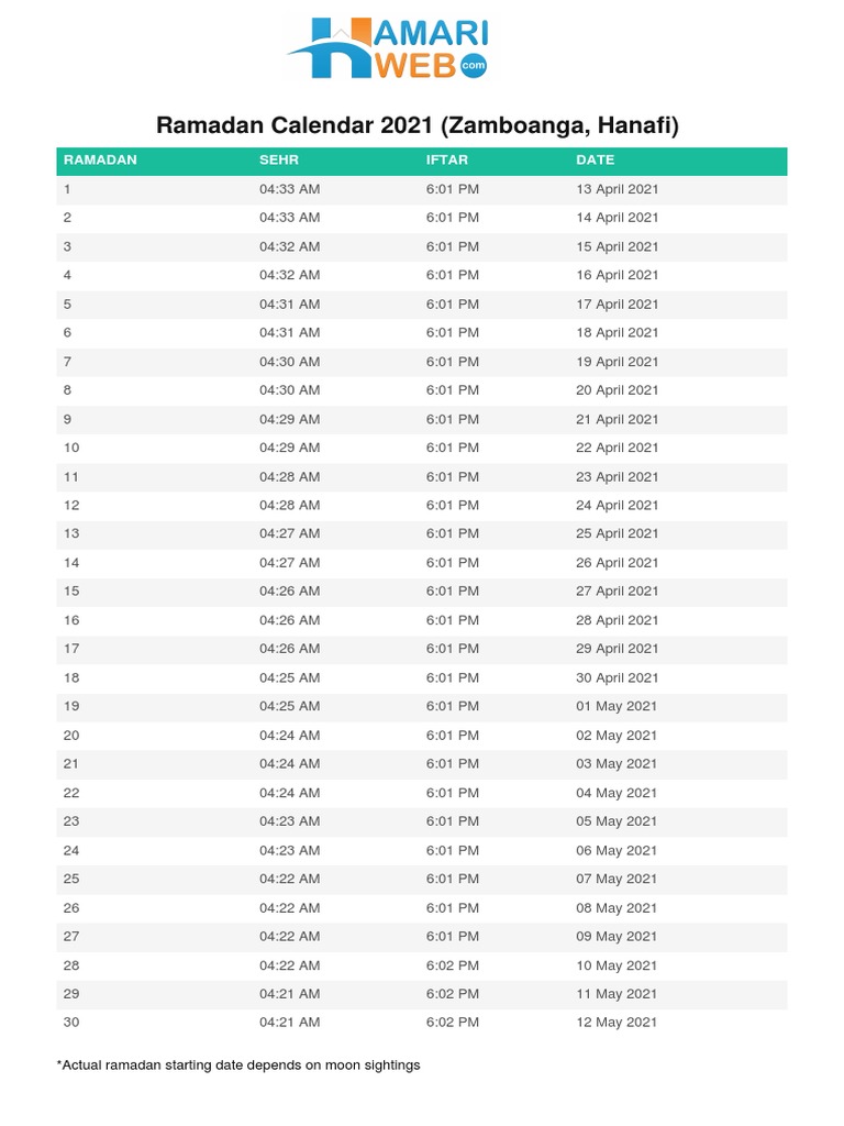 Ramadan Calendar 2021 (Zamboanga, Hanafi) : Ramadan Sehr Iftar Date ...