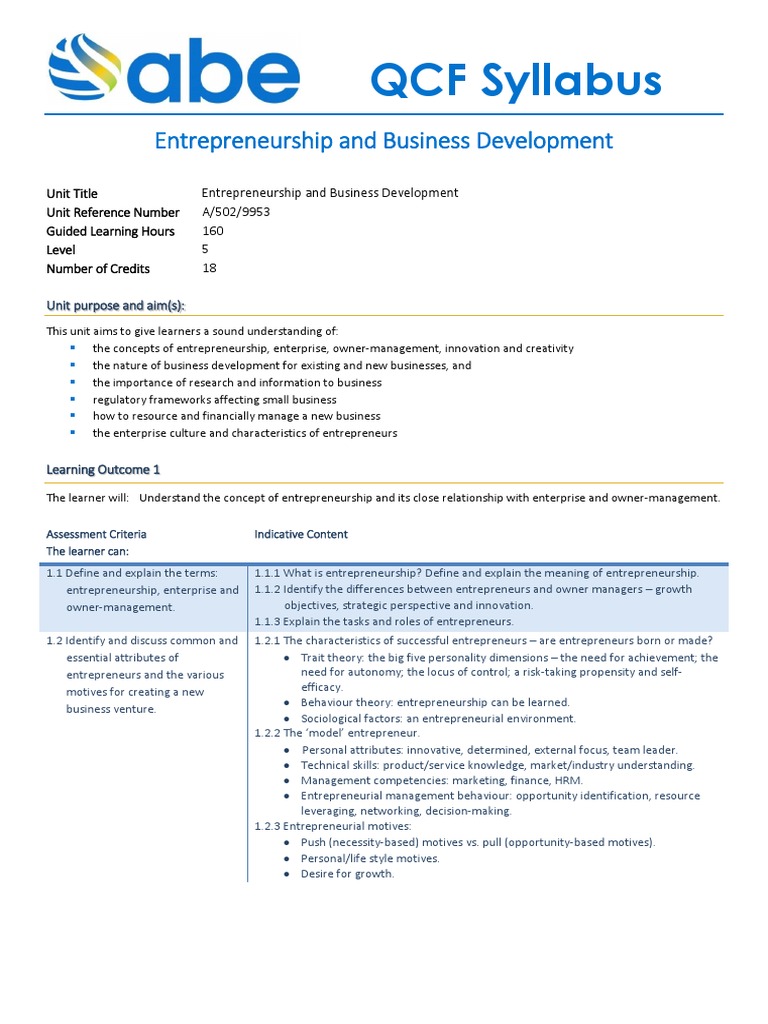 QCF Syllabus: Entrepreneurship and Business Development | PDF ...
