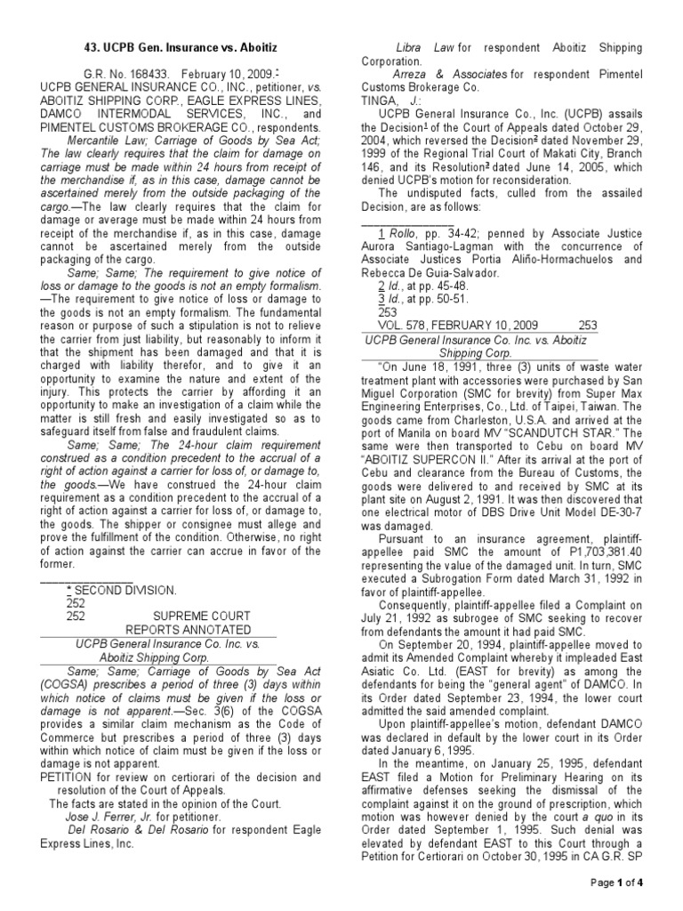 UCPB Gen. Insurance vs. Aboitiz | PDF | Cargo | Subrogation