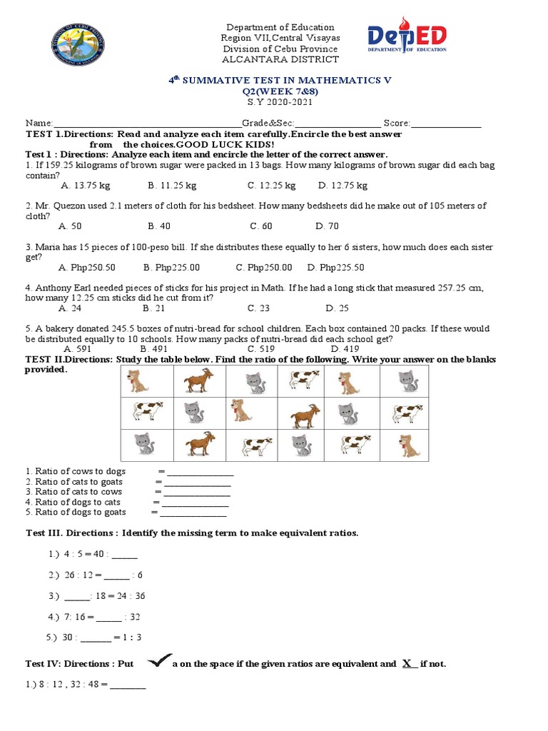 4th Summative Math Test for Grade 5 | PDF | Teaching Mathematics