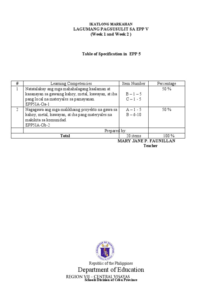 EPP Third Quarter First Summative With Table of Specification in EPP 5 ...
