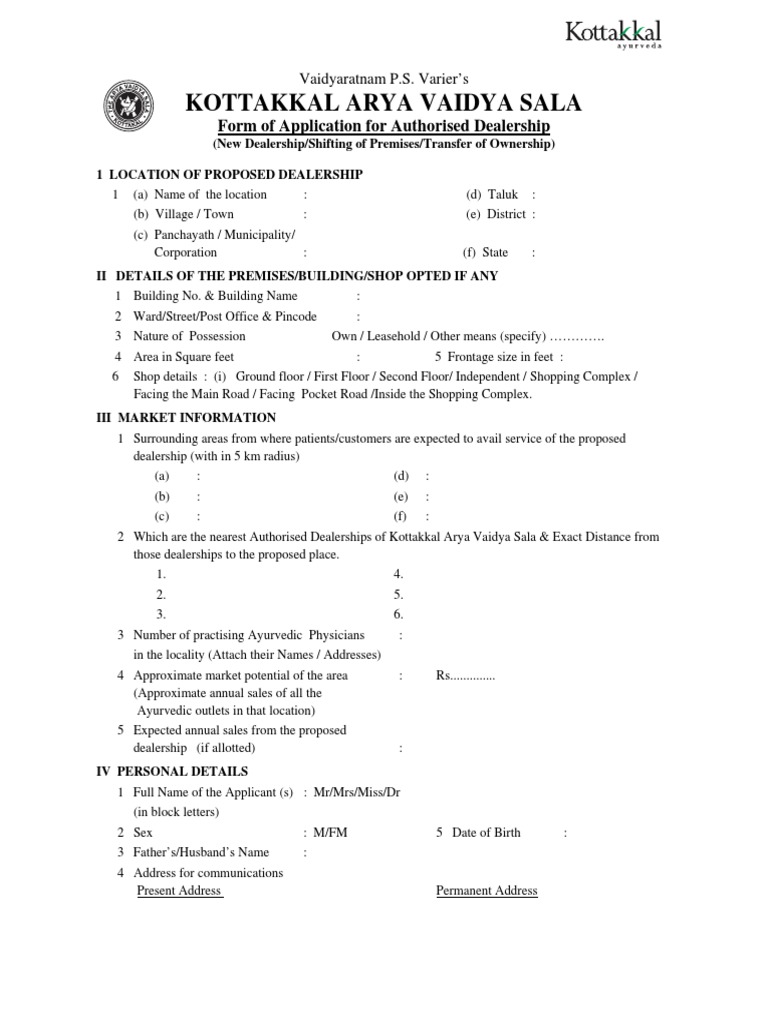 Kottakkal Arya Vaidya Sala: Form of Application For Authorised ...
