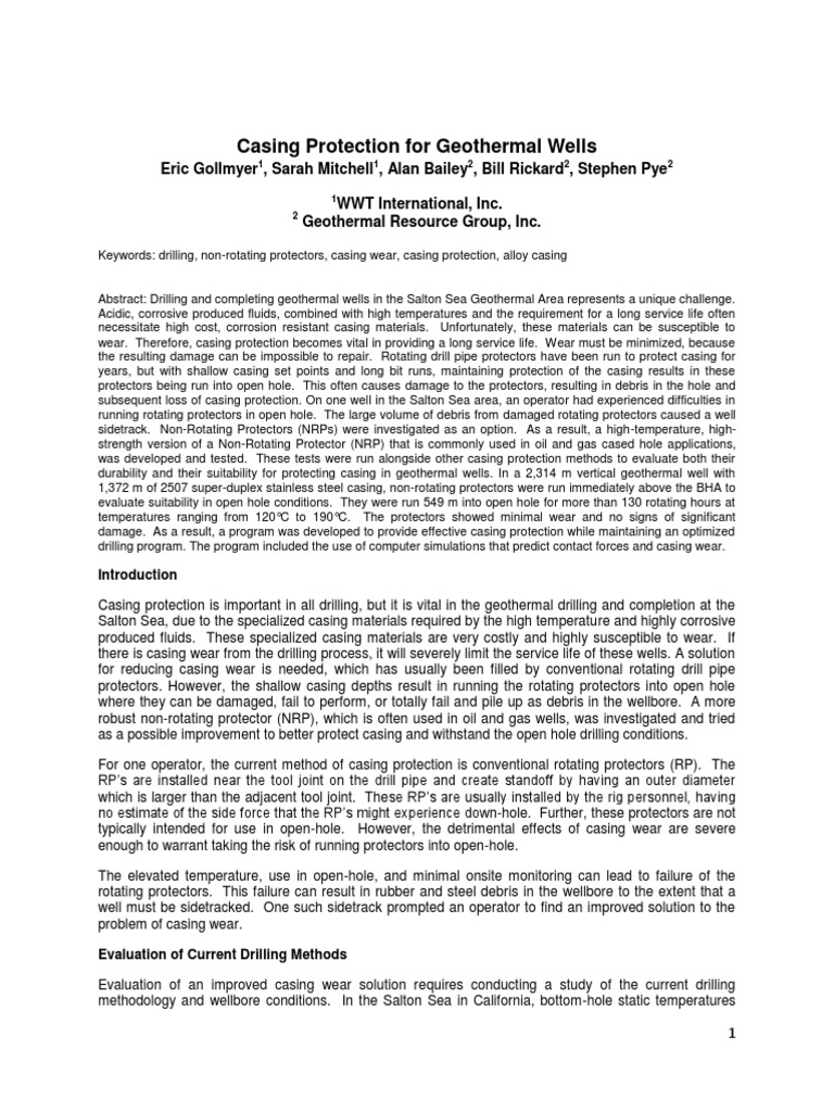 Casing Protection For Geothermal Wells | PDF | Casing (Borehole) | Drilling