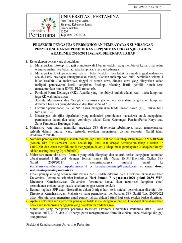 Formulir Permohonan Pembayaran Cicilan SPP Ganjil 20-21 | PDF