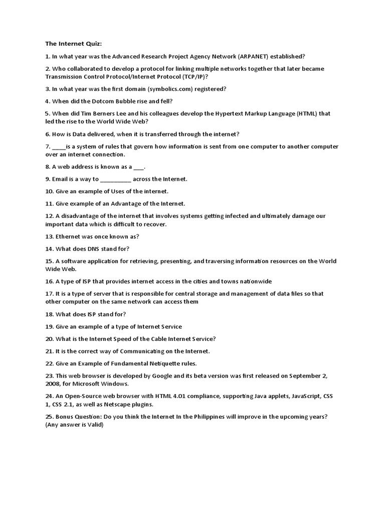 The Internet Quiz With Answers | PDF | Internet | Internet Service Provider