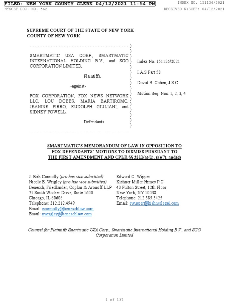 Smartmatic v. Fox Motion | PDF | Defamation | Common Law