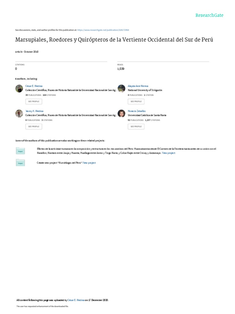 Marsupiales, Roedores y Quirópteros de La Vertiente Occidental Del Sur ...