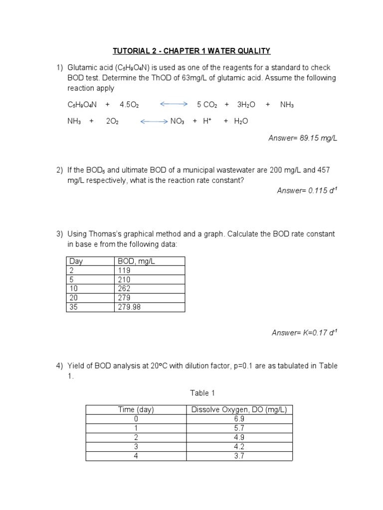 Tutorial 2 - Chapter 1 Water Quality: Answer 89.15 MG/L | PDF