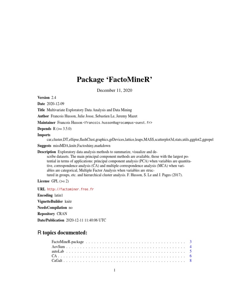 Package Factominer': R Topics Documented | PDF | Principal Component ...