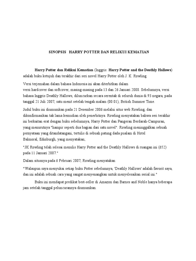 Sinopsis Harry Potter Dan Relikui Kematian | PDF Sinopsis Harry Potter Dan Relikui Kematian | PDF