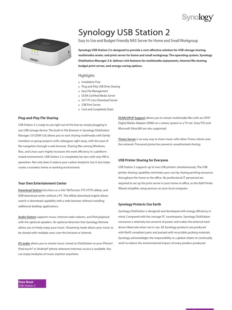 Synology USB Station 2 Data Sheet Enu | PDF | Usb | File Transfer Protocol