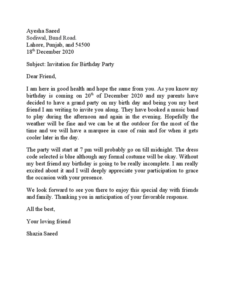 Letter For Birthay Party Invitation | PDF