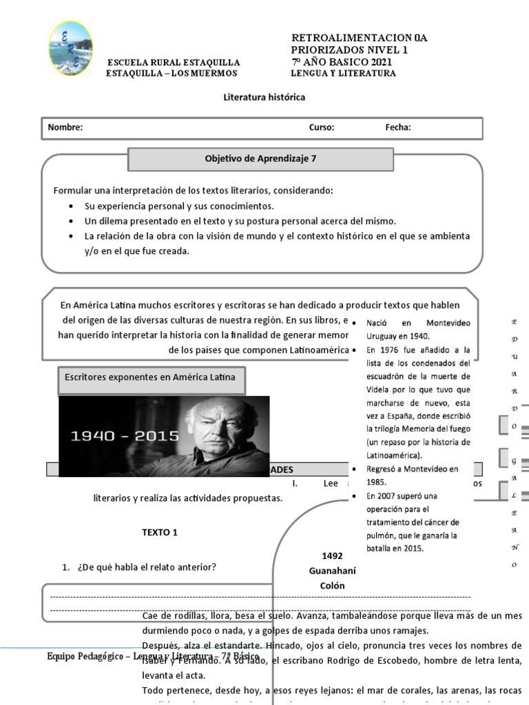 Actividades de Literatura 7° Básico | PDF