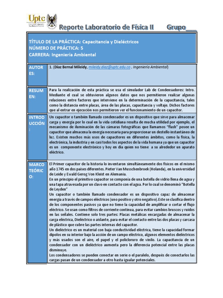 Reporte Practica 5. Capacitancia y Dieléctricos | PDF | Capacidad | Condensador